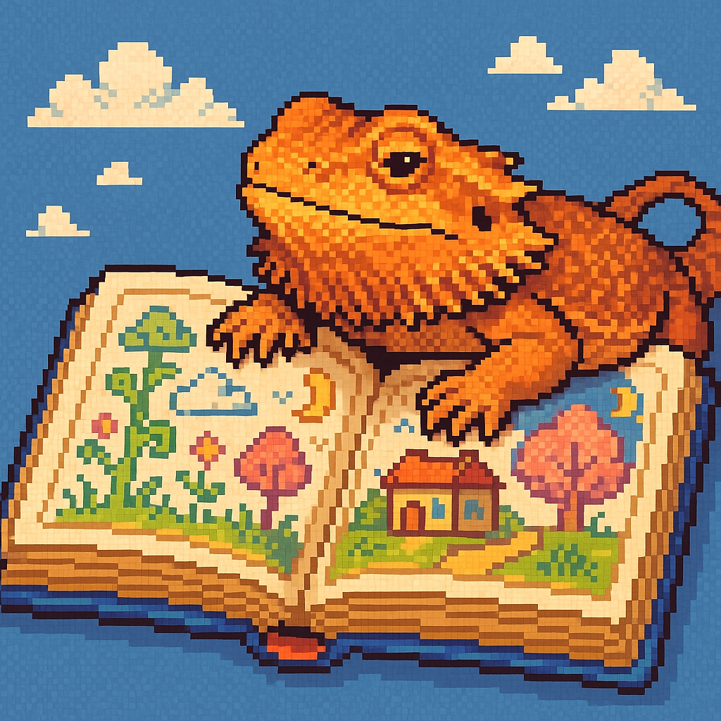 Pixel Art Bearded Dragon on a Storybook | Reptile Rampage