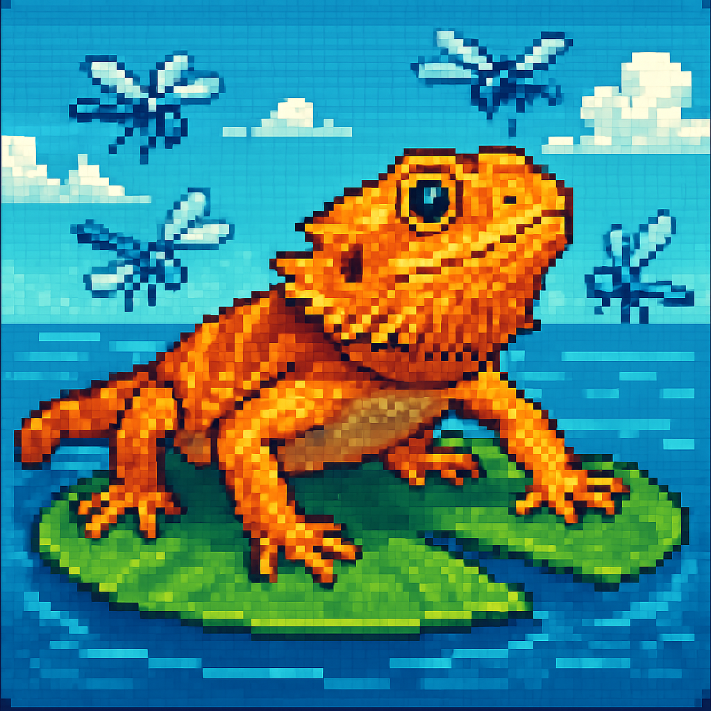 Pixel Art Bearded Dragon on a Lilypad | Reptile Rampage