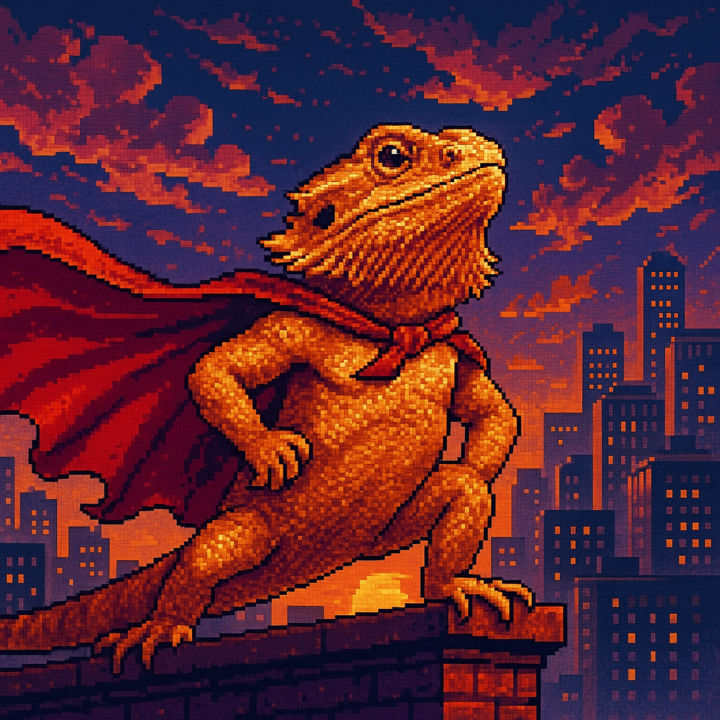Pixel Art Bearded Dragon Superhero Rooftop | Reptile Rampage