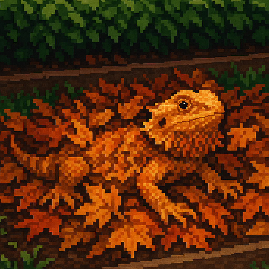 Pixel Art Bearded Dragon in Autumn Leaves | Reptile Rampage